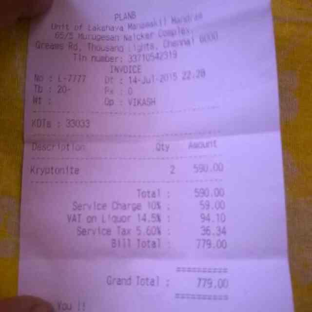 Menu at Plan B, Chennai, 76 A M 4th Street