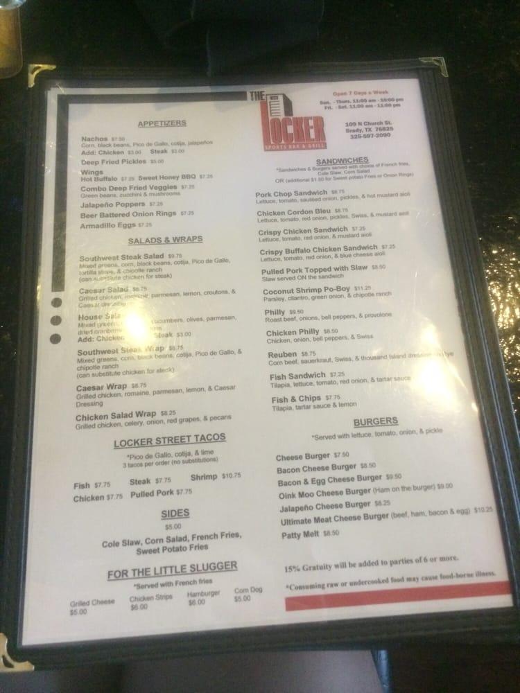 Menu at The Locker Sports Bar & Grill, Brady