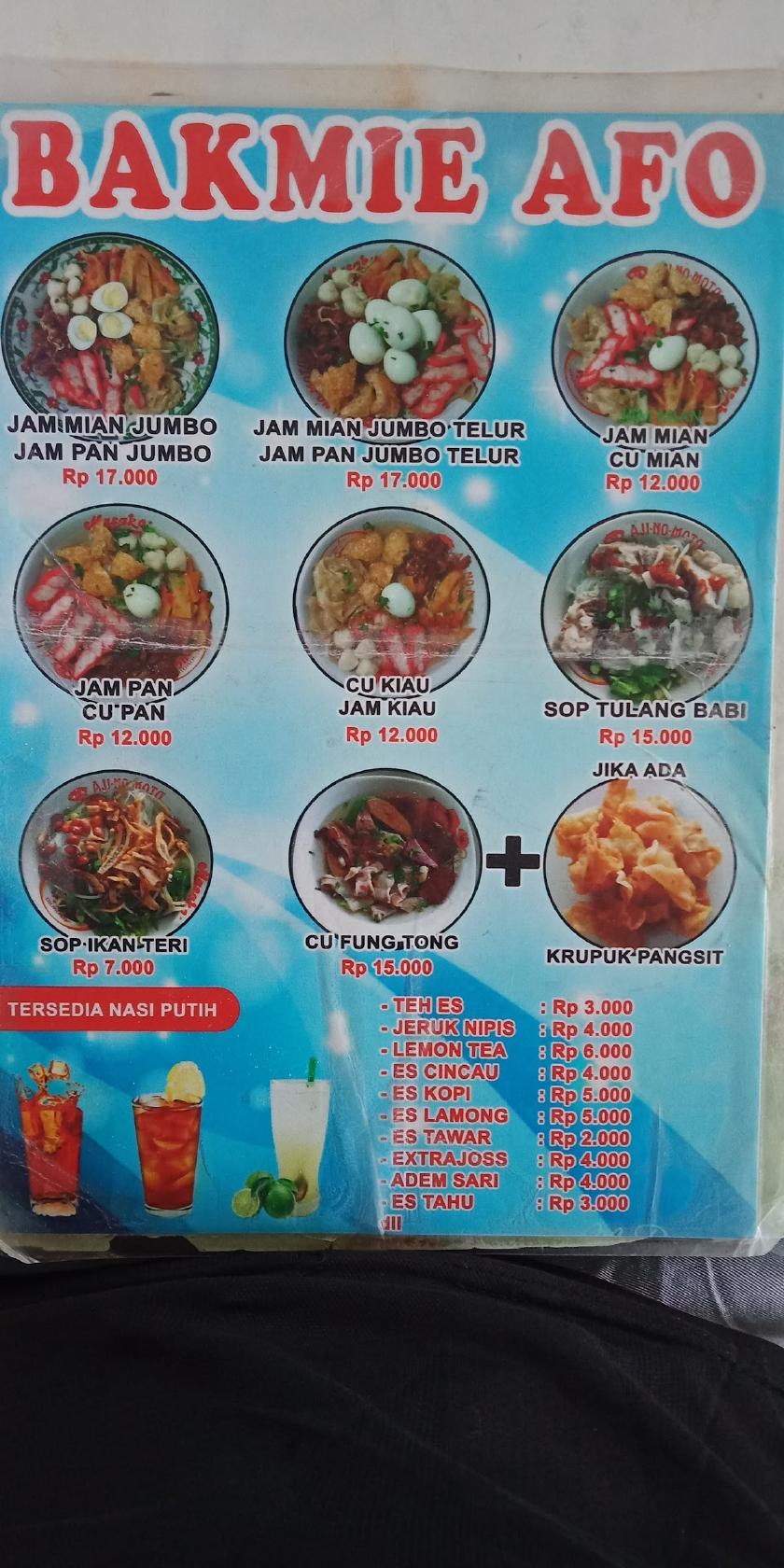 Menu at Bakmie Afo restaurant, Singkawang