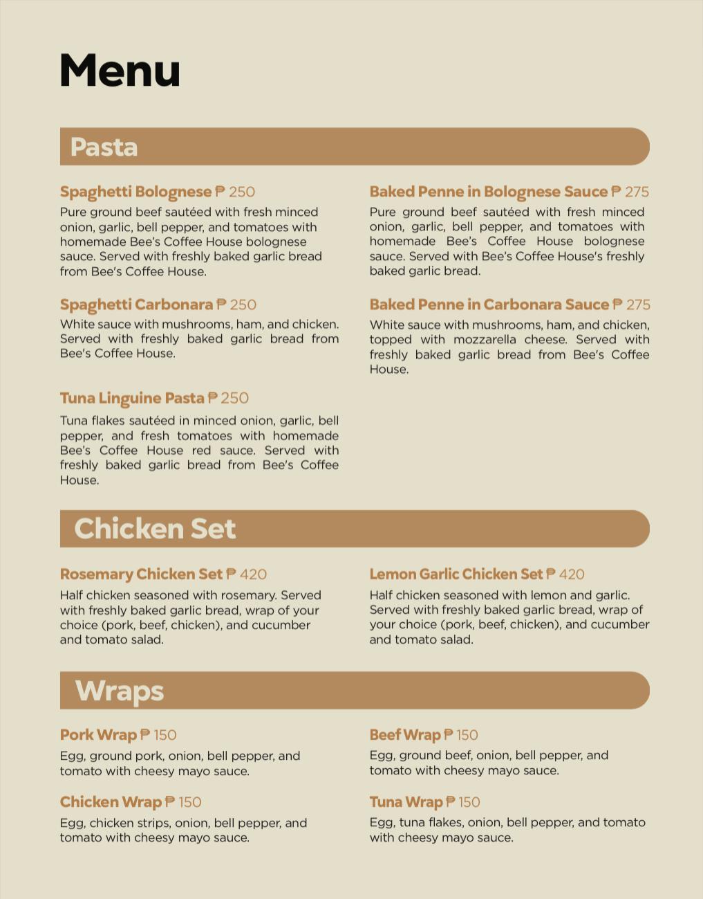 Menu at Bee’s Coffee House, Legazpi City