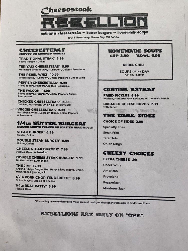 Menu at Cheesesteak Rebellion restaurant, Green Bay