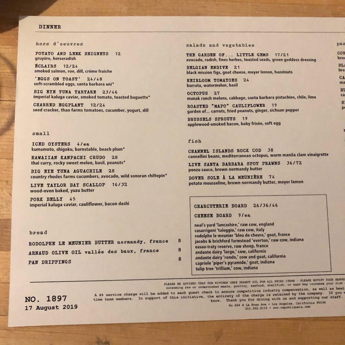 Menu at République Café Bakery & République Restaurant, Los Angeles ...
