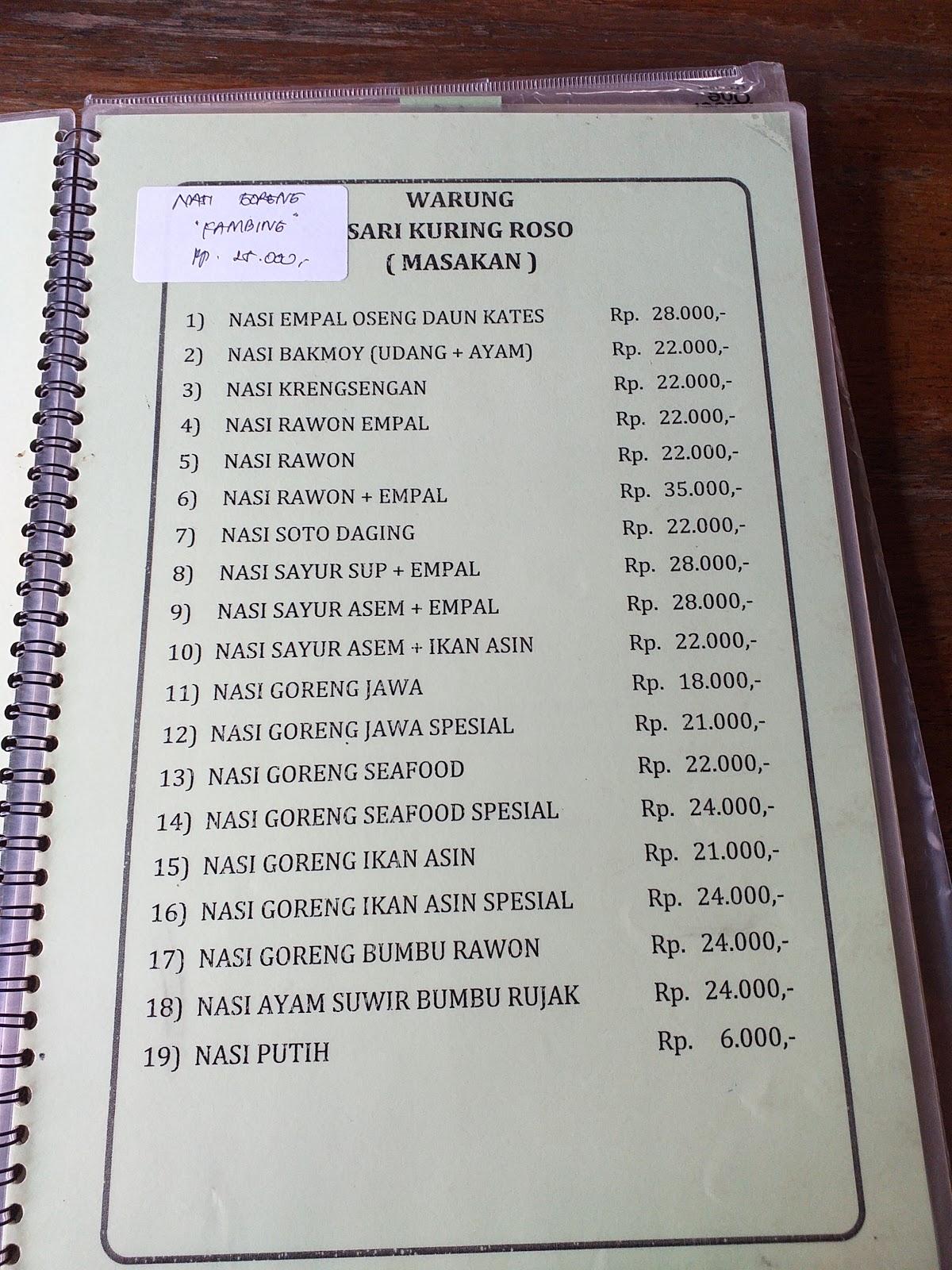 Menu at Sari Kuring restaurant, Probolinggo