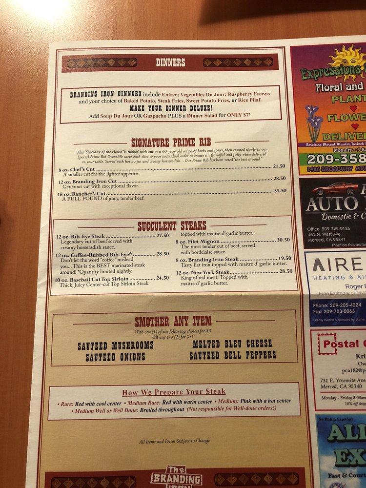Menu at The Branding Iron Restaurant, Merced