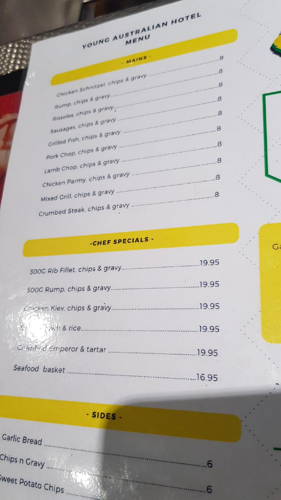 Menu at Young Australian Hotel pub & bar, Gladstone Central