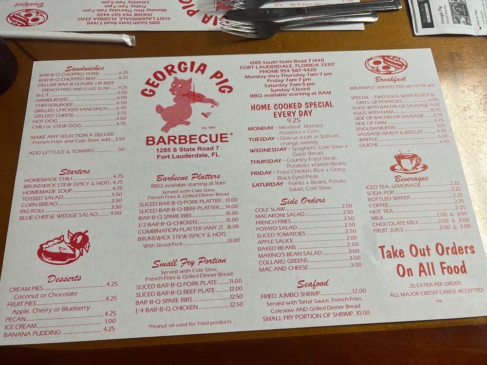 Menu at Georgia Pig BBQ & Restaurant, Davie
