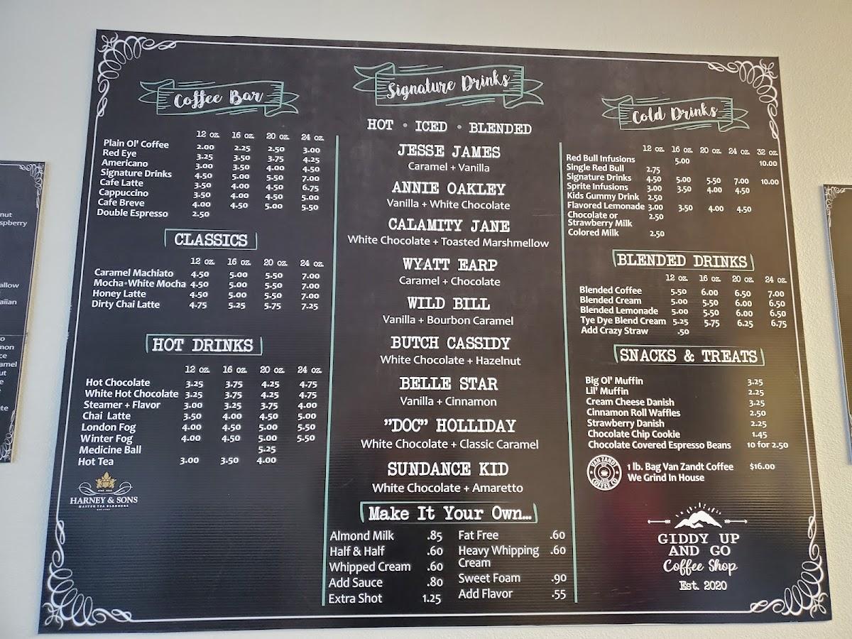 Menu at Giddy Up and Go Coffee Shop, Quinlan