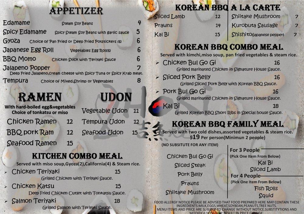 Menu at Hoki Korean BBQ & Japanese Cuisine, Modesto