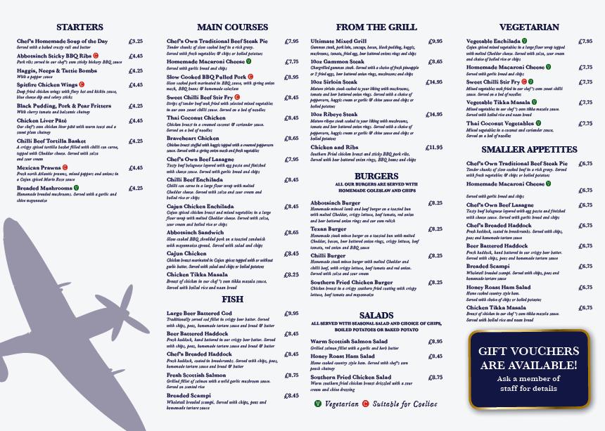 Menu at Abbotsinch restaurant, Grangemouth