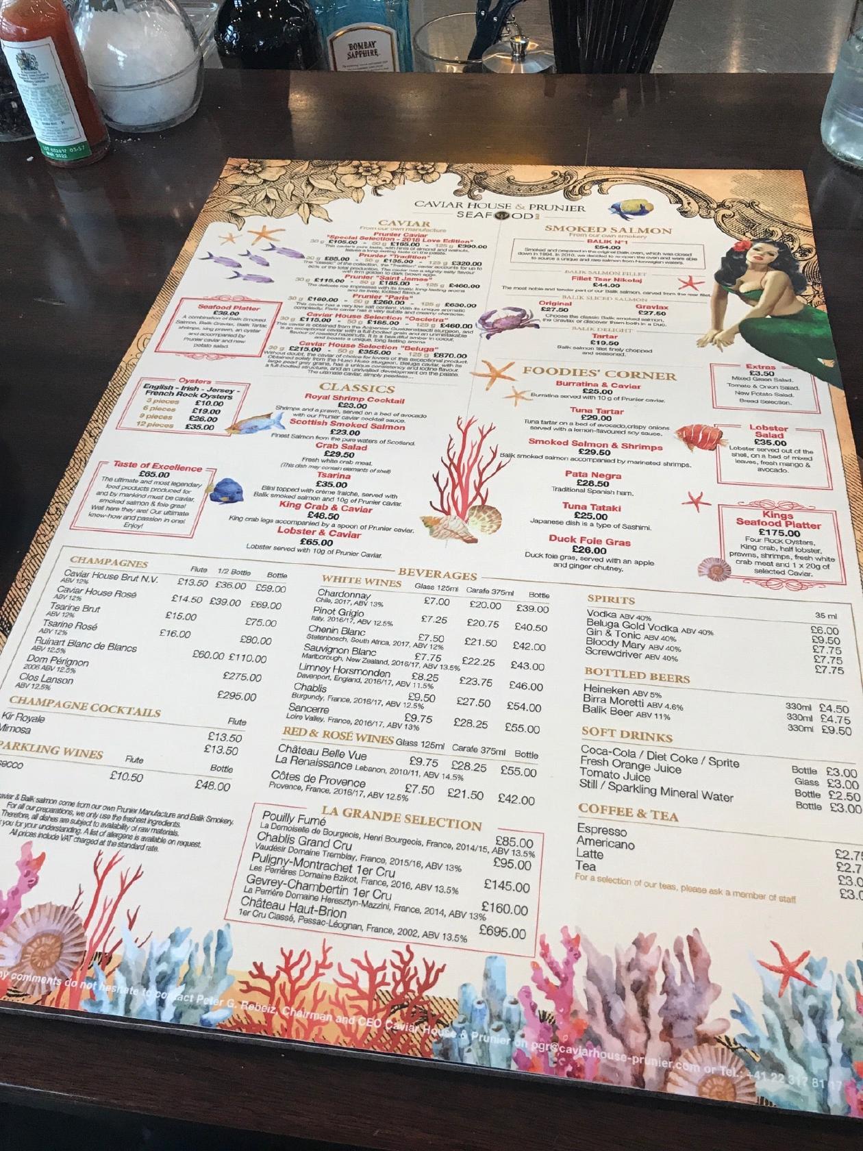 Menu at Caviar House & Prunier Seafood Bar, Harmondsworth, Heathrow Airport