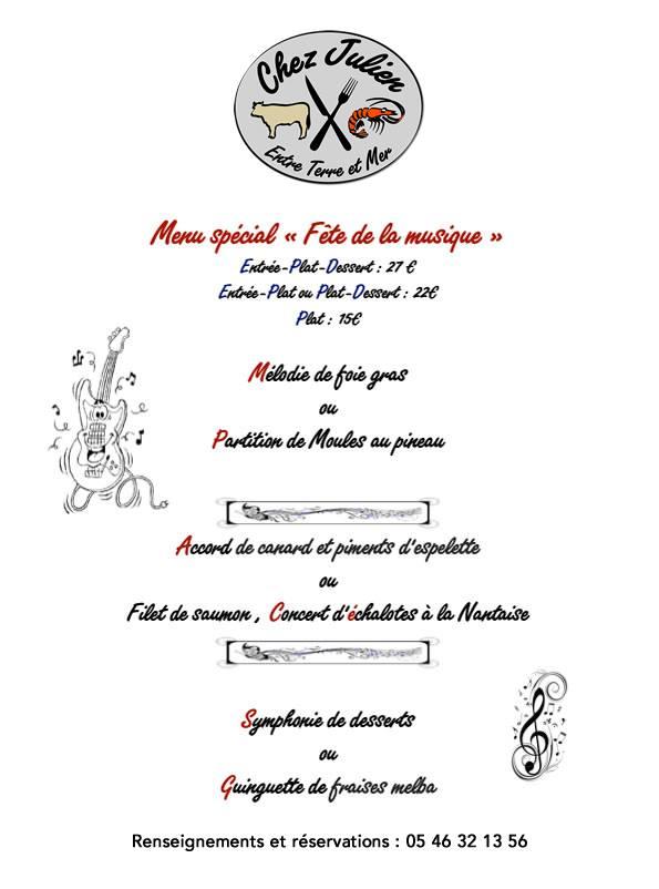 Menu au Chez Julien restaurant, Matha
