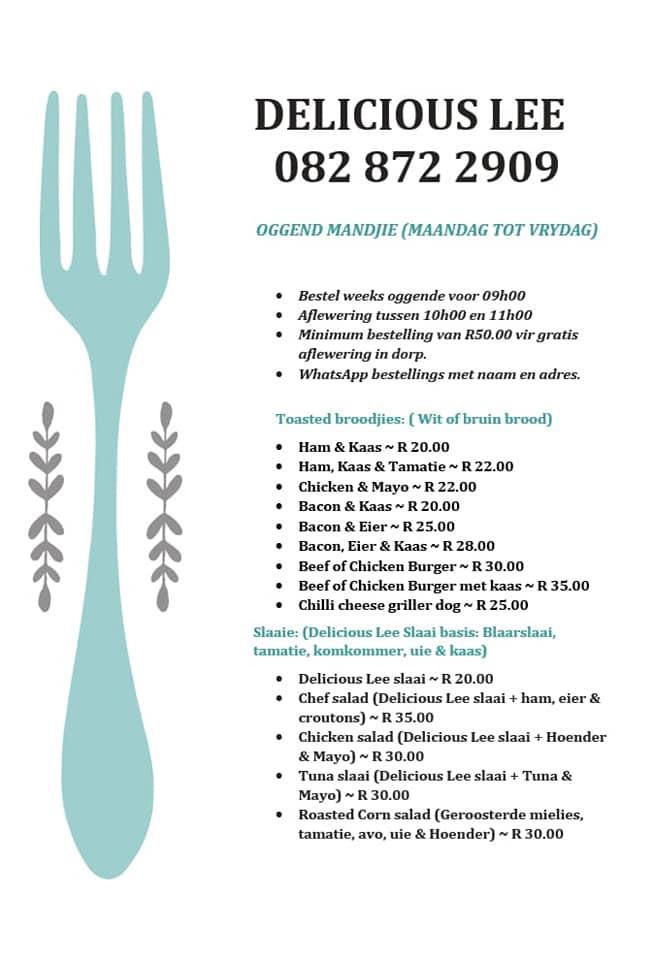 Menu at DeliciousLee restaurant, Louis Trichardt