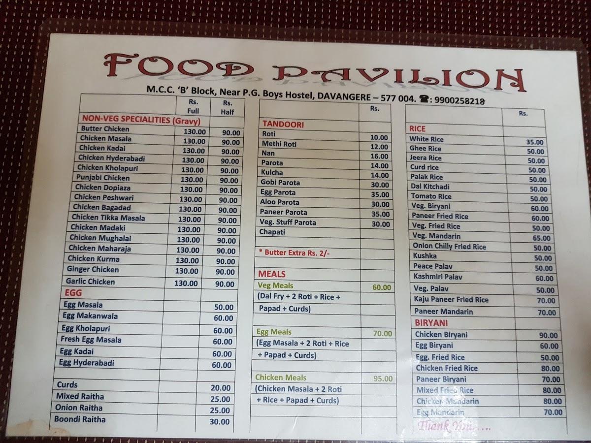 Menu at Food Pavilion, Davanagere
