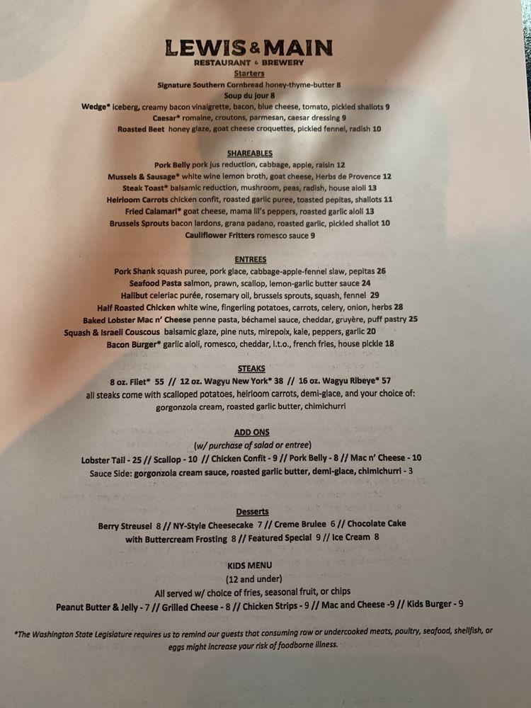 Menu at Lewis and Main Restaurant and Brewery, Monroe