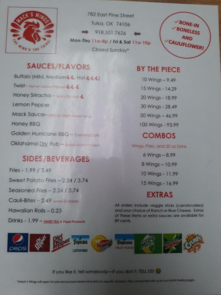 Menu at Mack's Wings restaurant, Tulsa