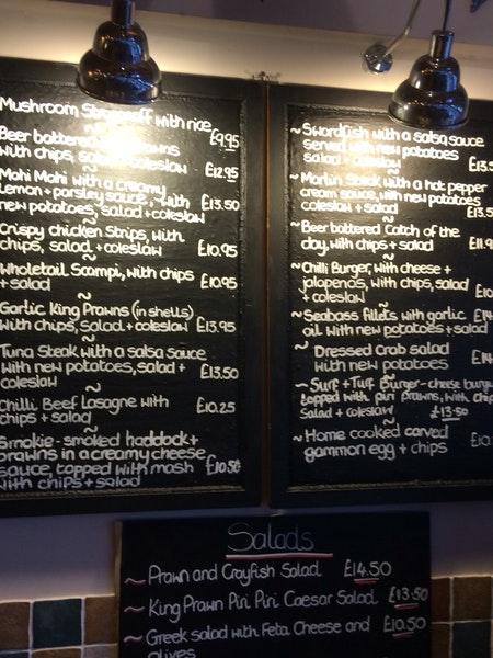 Menu at Pebble beach cafe, Gosport