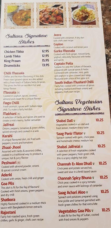 Menu at Sultan of Keswick restaurant, Keswick