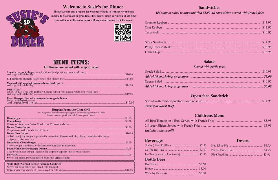 Menu at Susie's Diner restaurant, Marco Island, N Collier Blvd