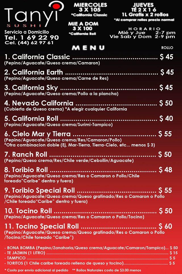 Menu at Tanyi Sushi restaurant, Ciudad Obregón