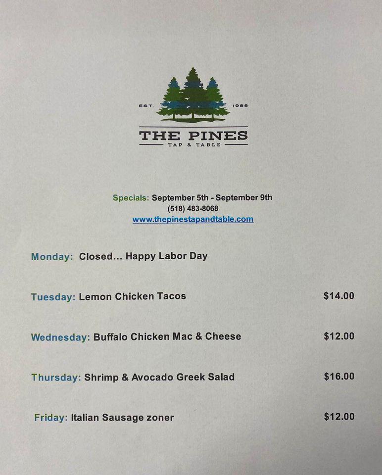 Menu at The Pines Tap and Table pub & bar, Malone