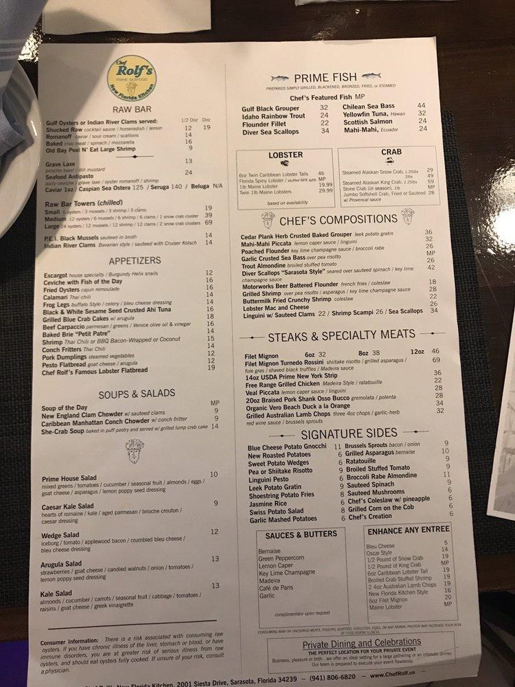 Menu at Chef Rolf's New Florida Kitchen restaurant, Sarasota