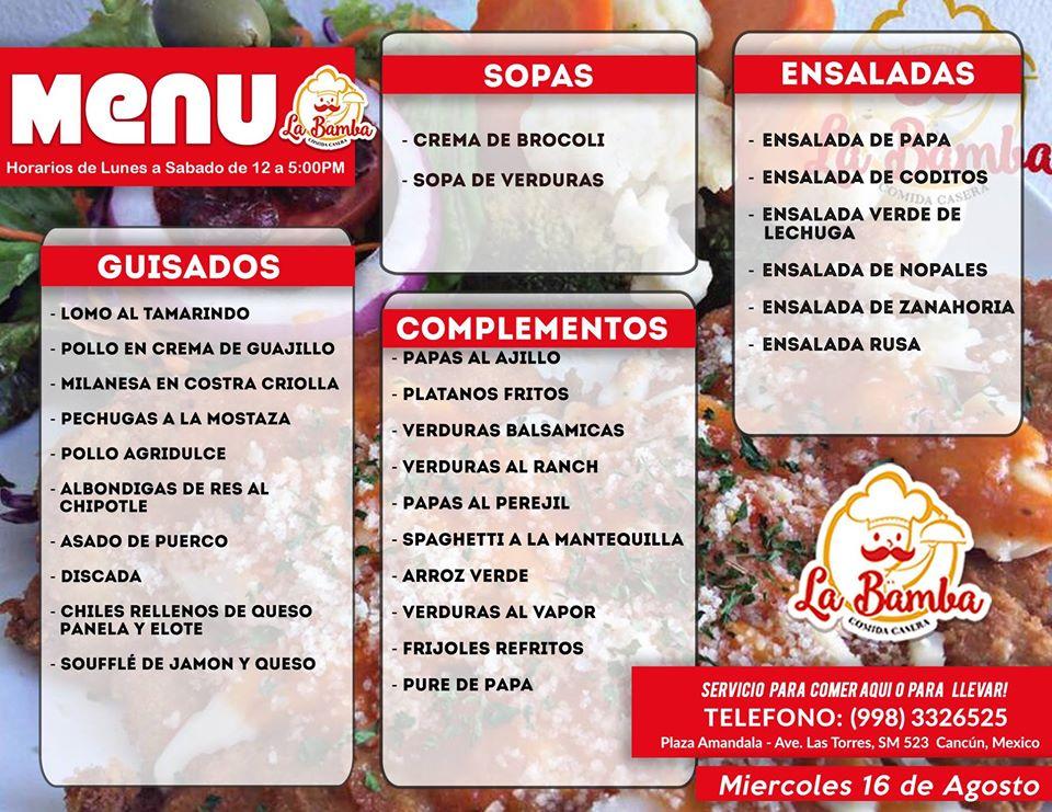 Menu at La Bamba restaurant, Cancún, Blvd. Kukulcan