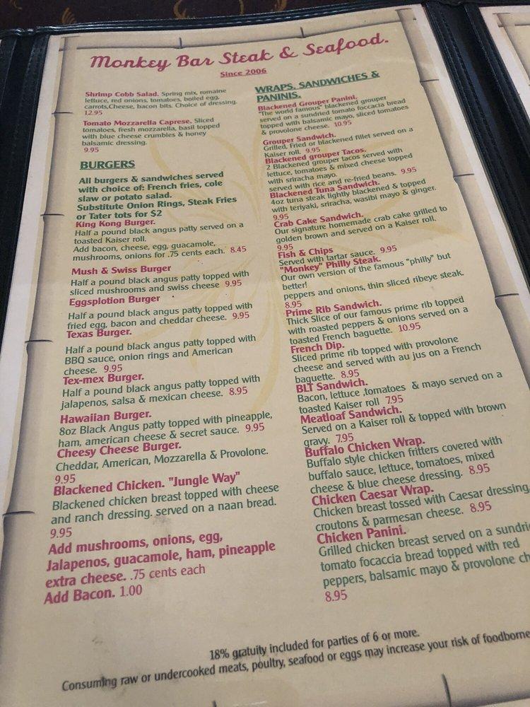Menu at Monkey Bar Steak & Seafood, Cape Coral