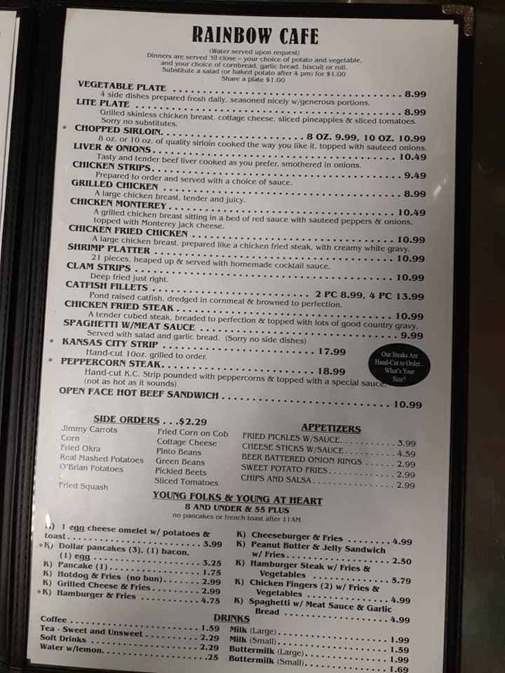 Menu at P J's Rainbow Cafe, Mountain View