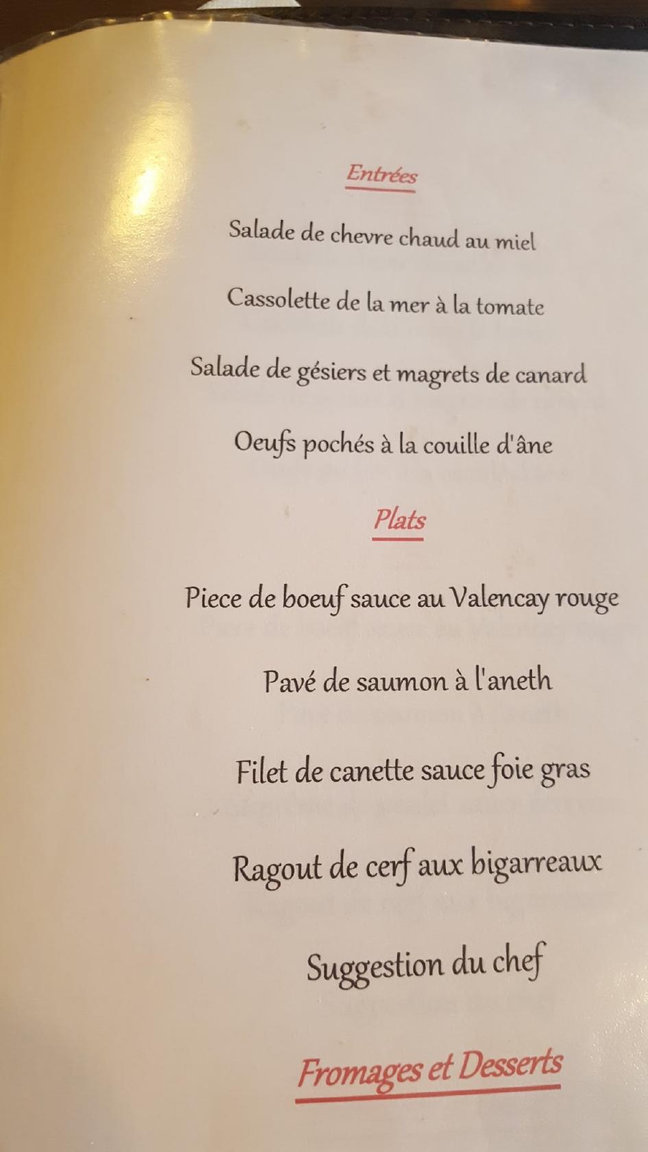 Menu at Restaurant du château, Sarzay