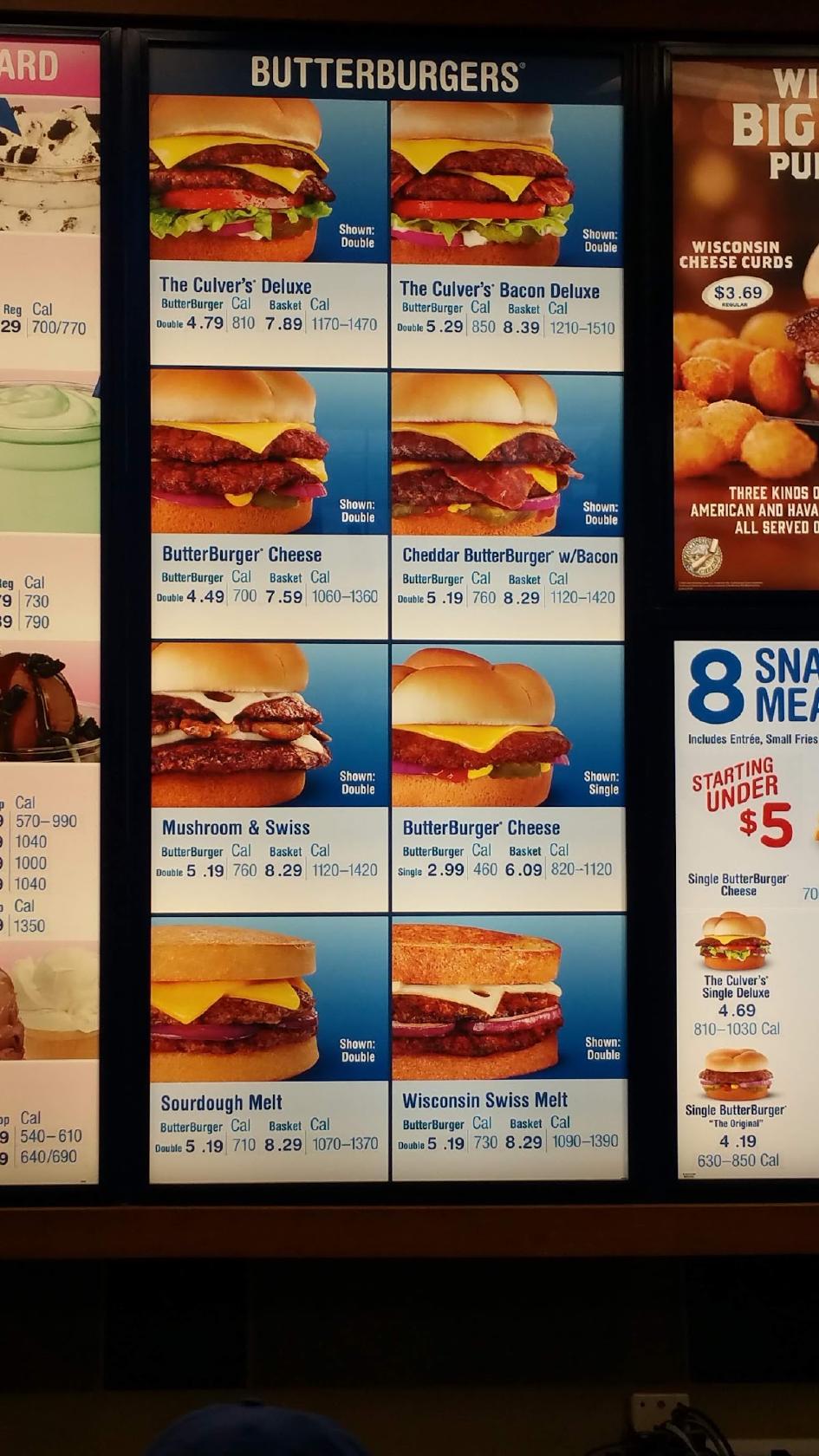 Menu at Culver’s fast food, Elm Grove