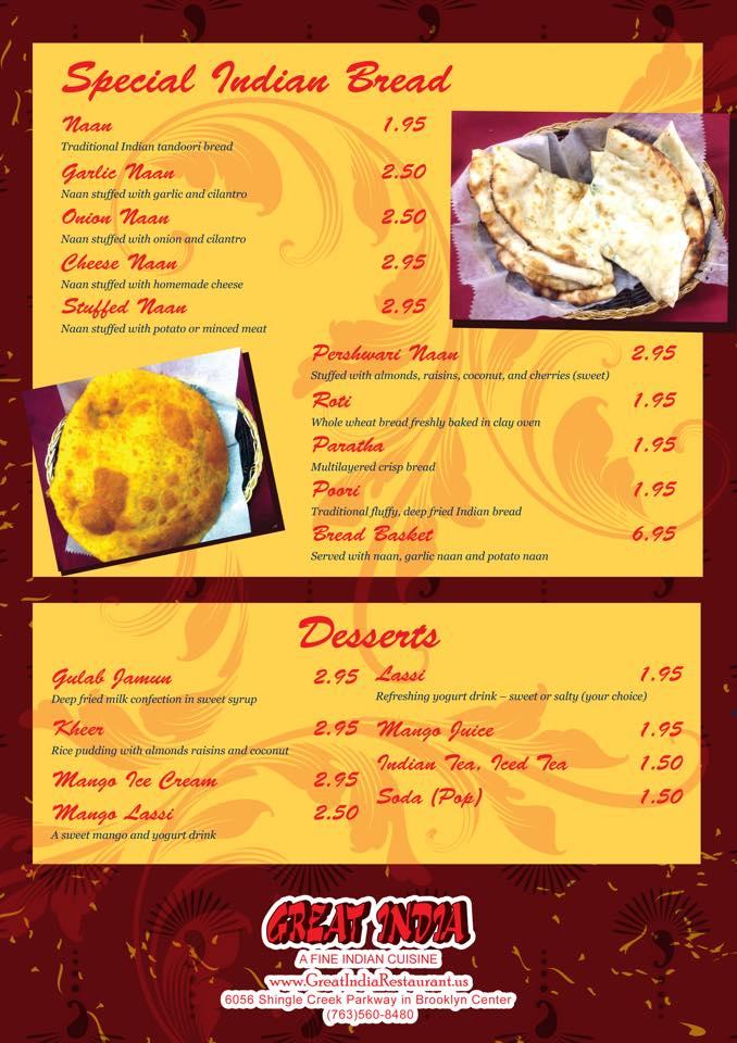 Menu at Great India restaurant, Brooklyn Center