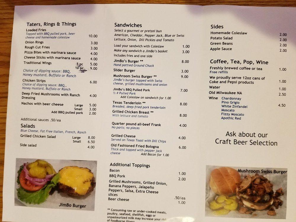 Carta del pub y bar JimBo's Burgers and Beer, South Bloomingville