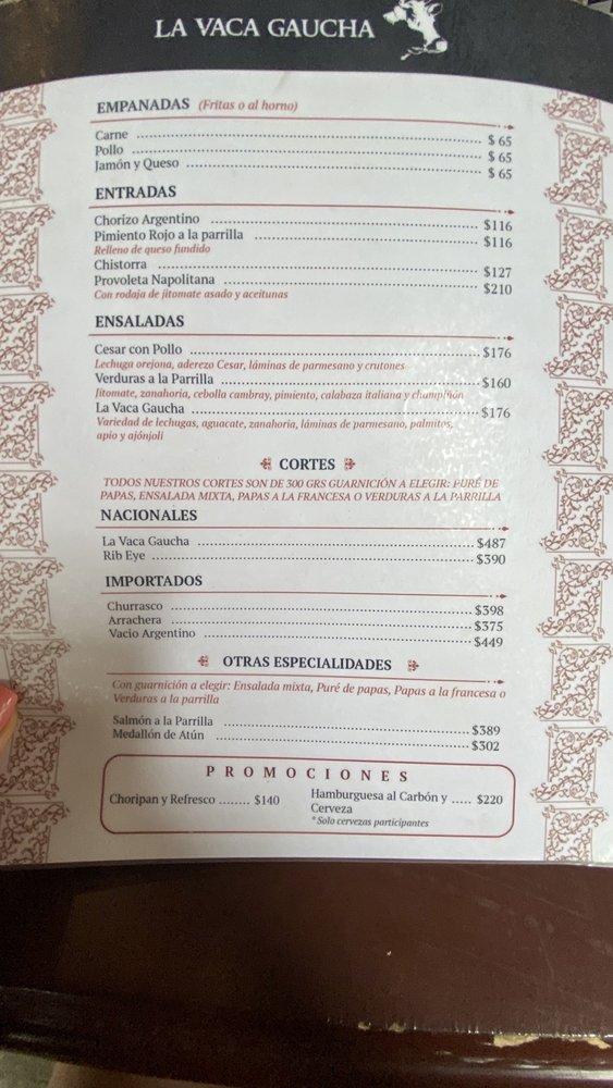 Menu at La Vaca Gaucha pub & bar, Playa del Carmen, 5 Av. Nte. 5