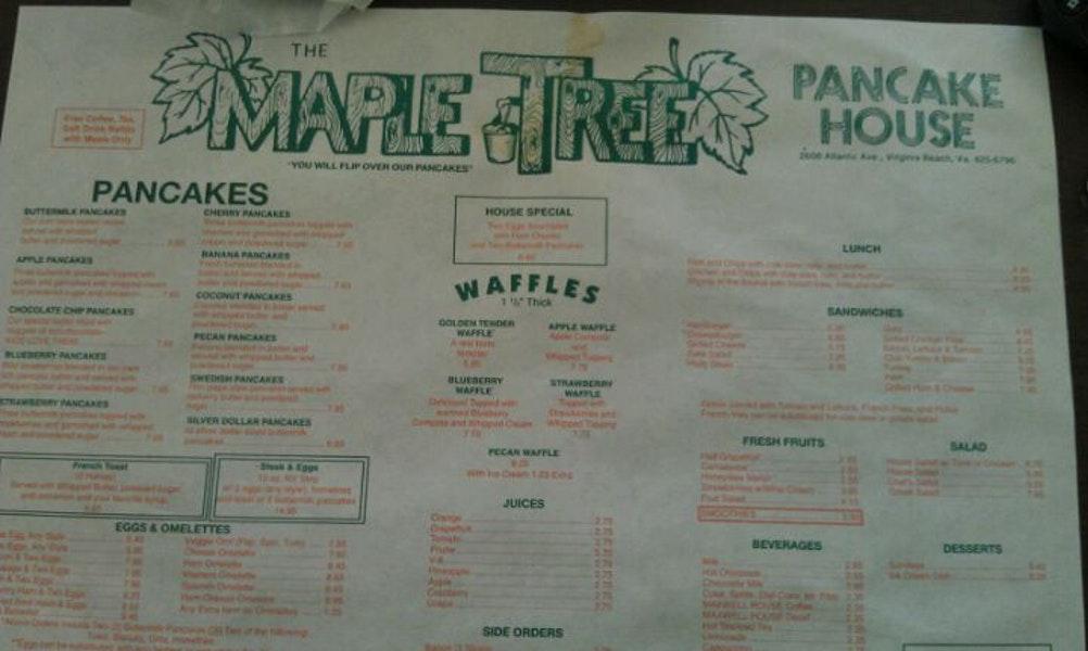 Menu at Maple Tree Pancake House restaurant, Virginia Beach, Atlantic Ave