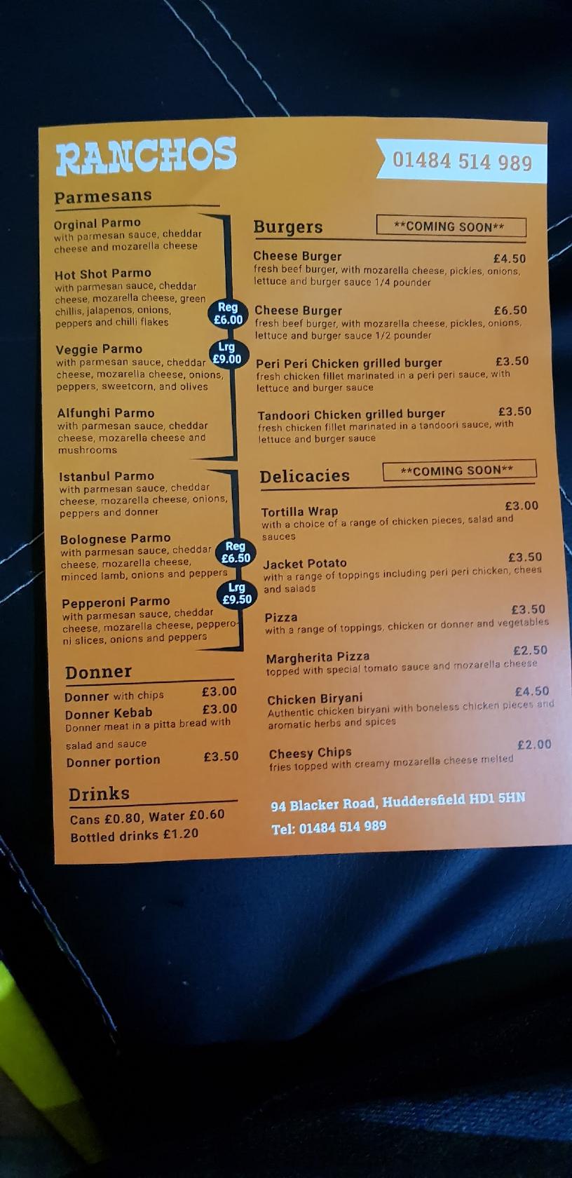 Menu at Ranchos Parmo House restaurant, Huddersfield