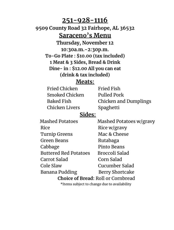 Menu at Saraceno's Restaurant, Fairhope, Co Rd 32
