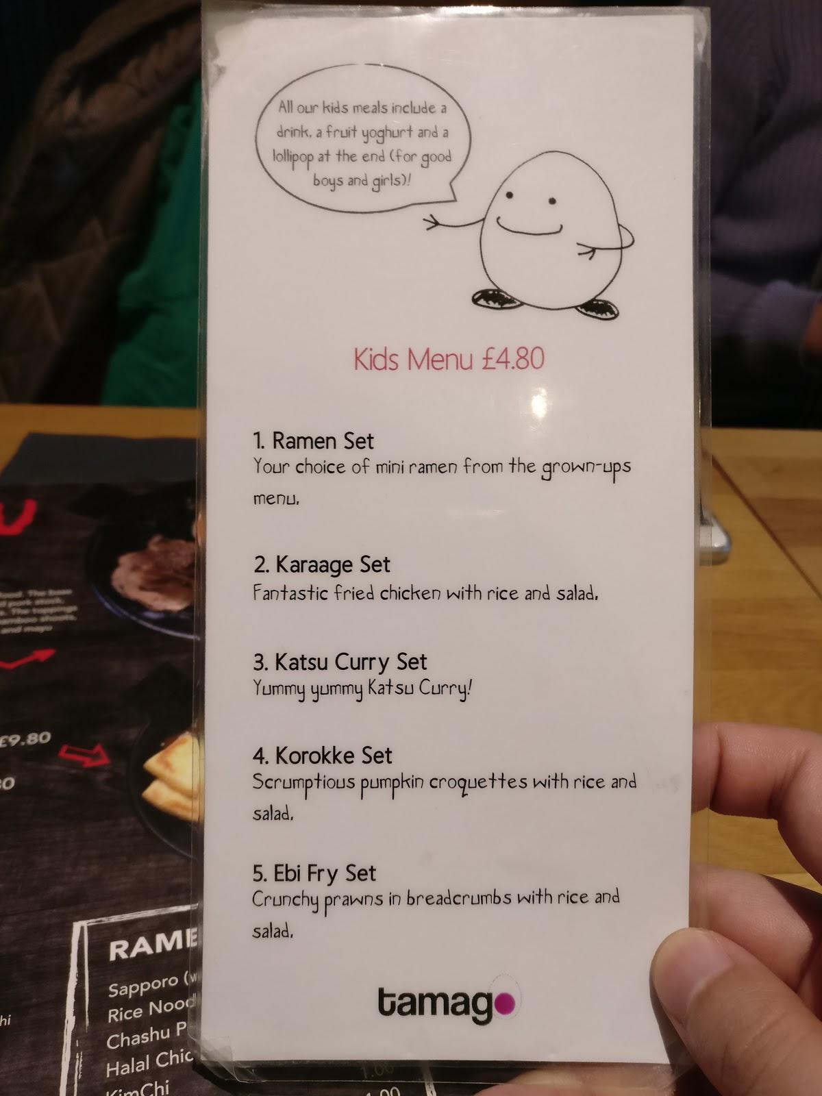 Menu at Tamago restaurant, Canterbury