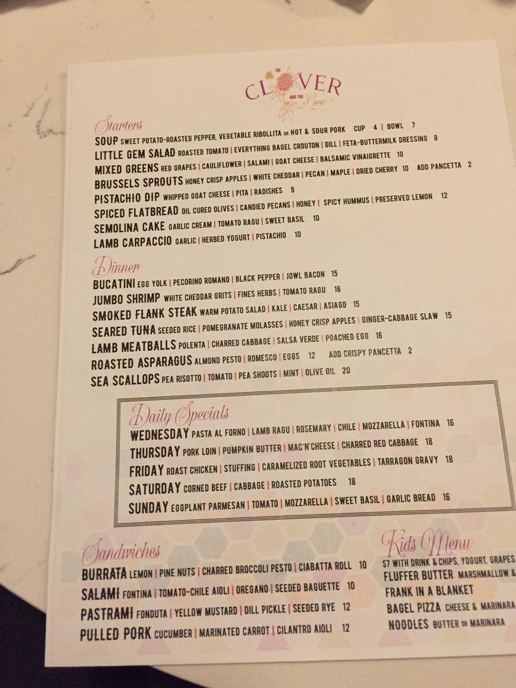 Menu at The Clover and the Bee cafe, Webster Groves