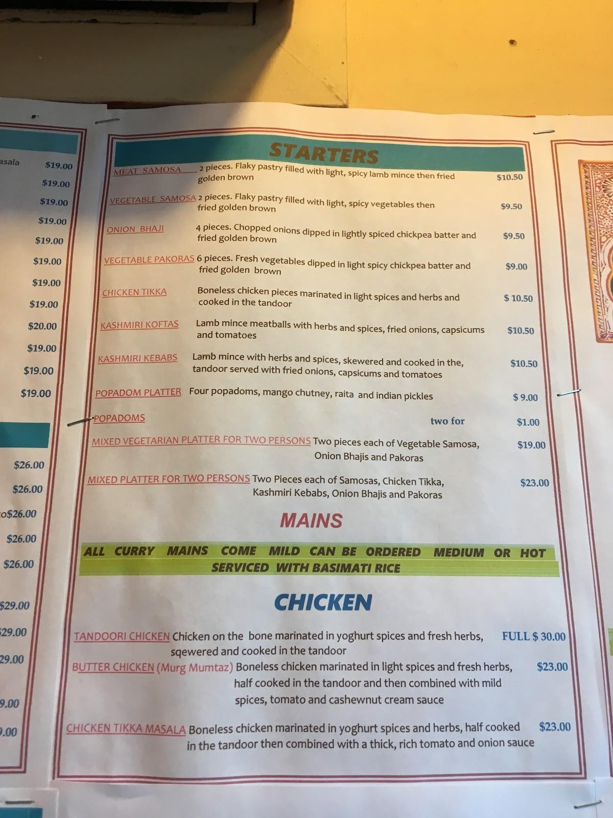 Menu at Ashraf's restaurant, Wanaka