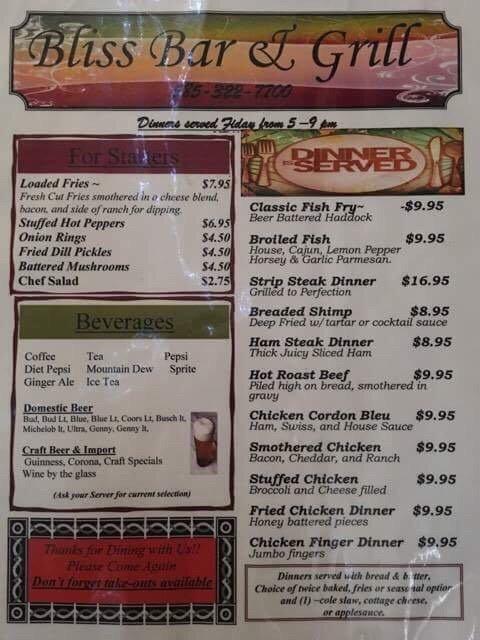 Menu at Bliss Bar And Grill, Bliss