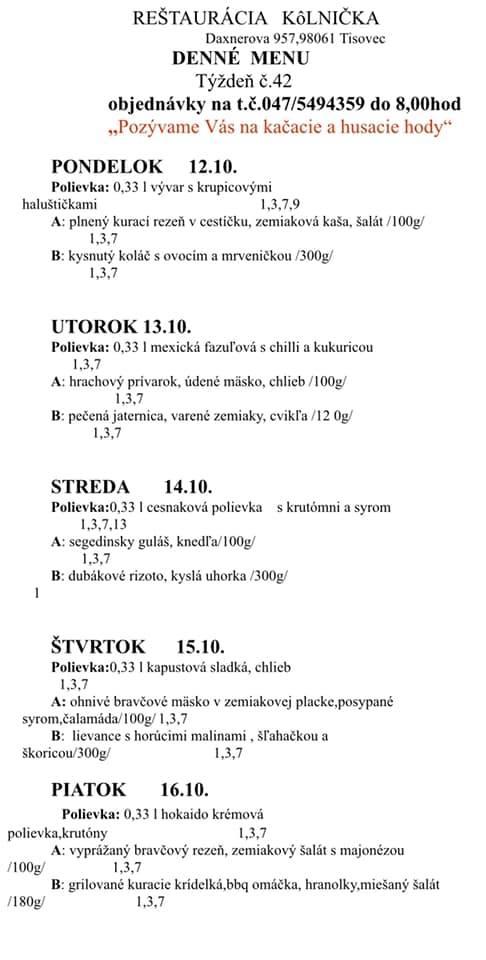 Menu at Restaurácia KÔLNIČKA restaurant, Tisovec