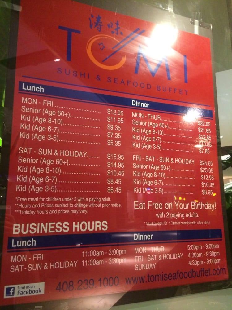 Menu at Tomi Sushi & Seafood Buffet restaurant, San Jose, Eastridge ...