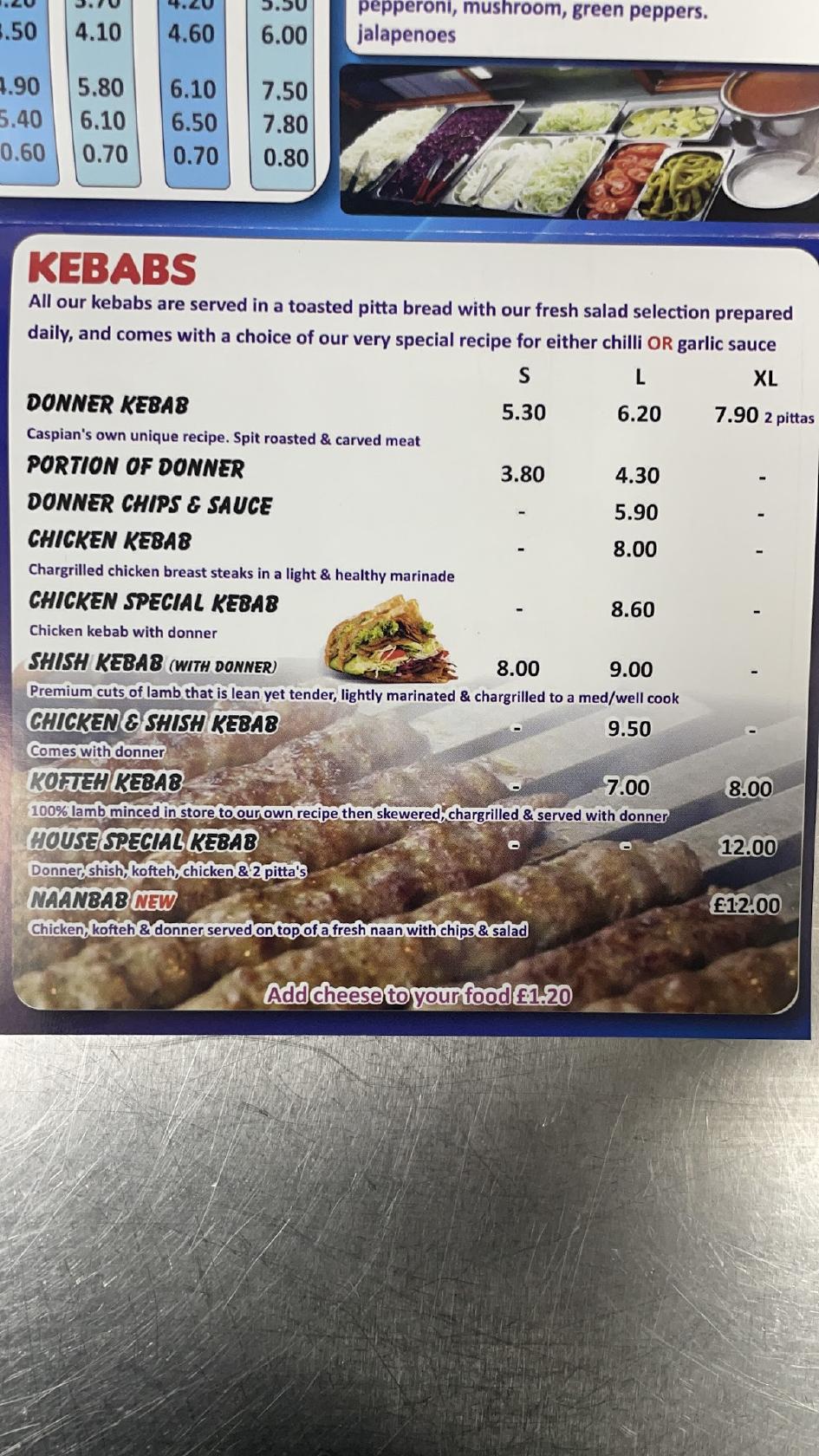 Menu at Caspian Kebab fast food, Birtley, 18 Talbot Ter