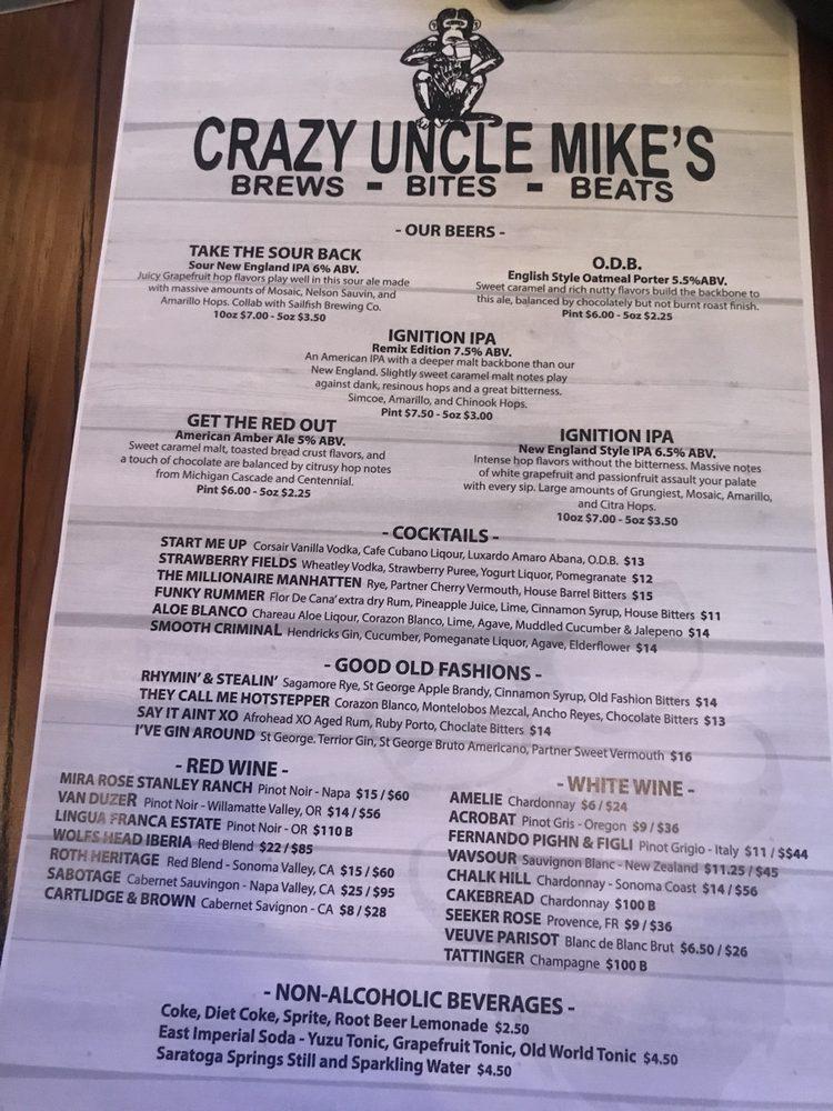 Menu at Crazy Uncle Mike's restaurant, Boca Raton