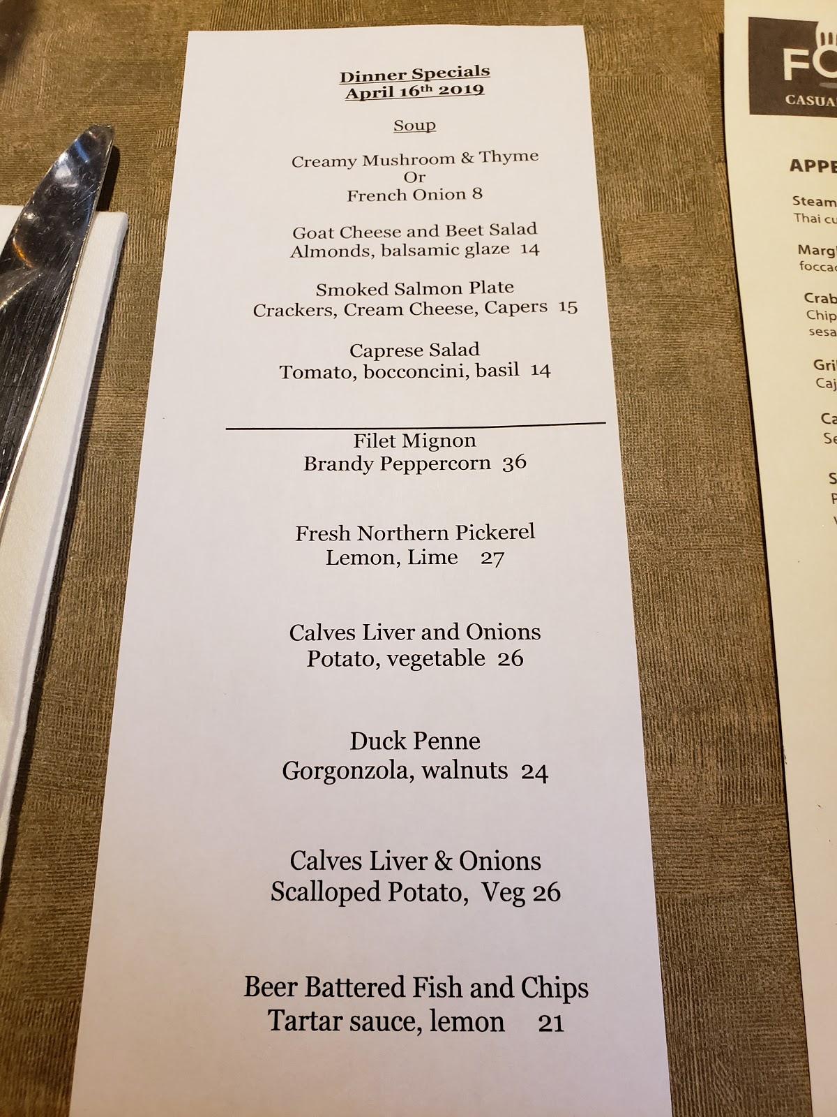 Menu at Forage Restaurant, Orangeville