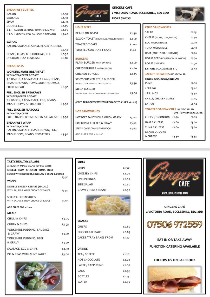 Menu at Gingers Cafe - Eccleshill, Bradford