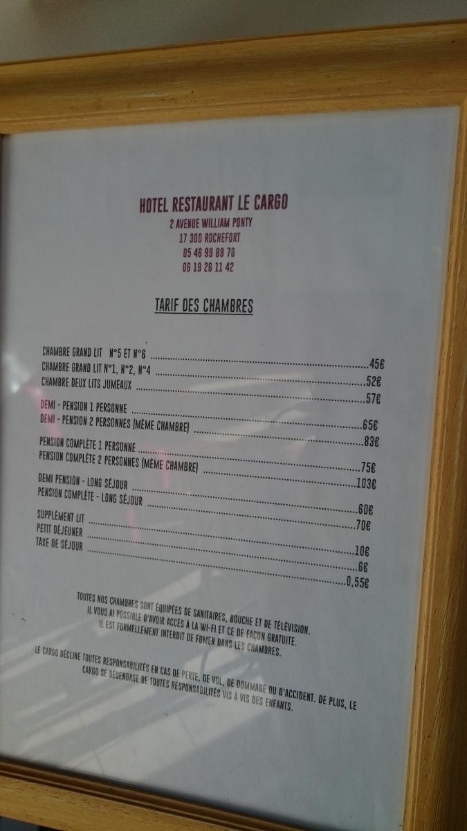 Menu at Le Cargo restaurant, Rochefort, 2 Av. William Ponty