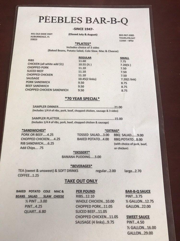 Menu at Peebles Bar-B-Q, Auburndale