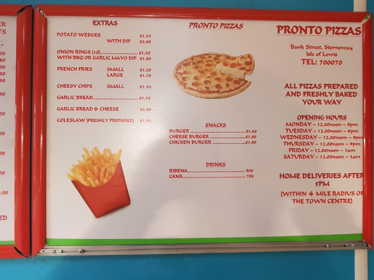 Menu at Pronto Pizzas restaurant, Stornoway