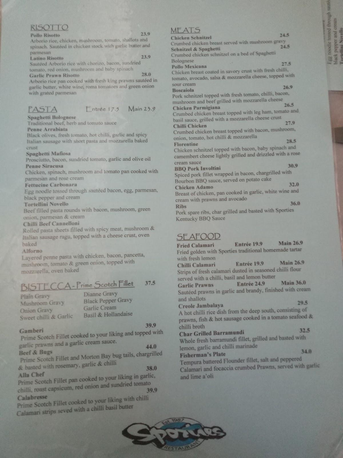 Menu at Sporties Restaurant, Alice Springs, Todd Mall